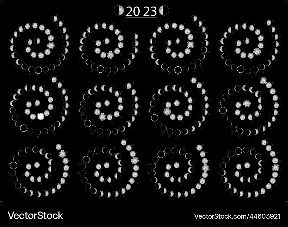 Moon calendar 2023 northern hemisphere 12 spirals Vector Image