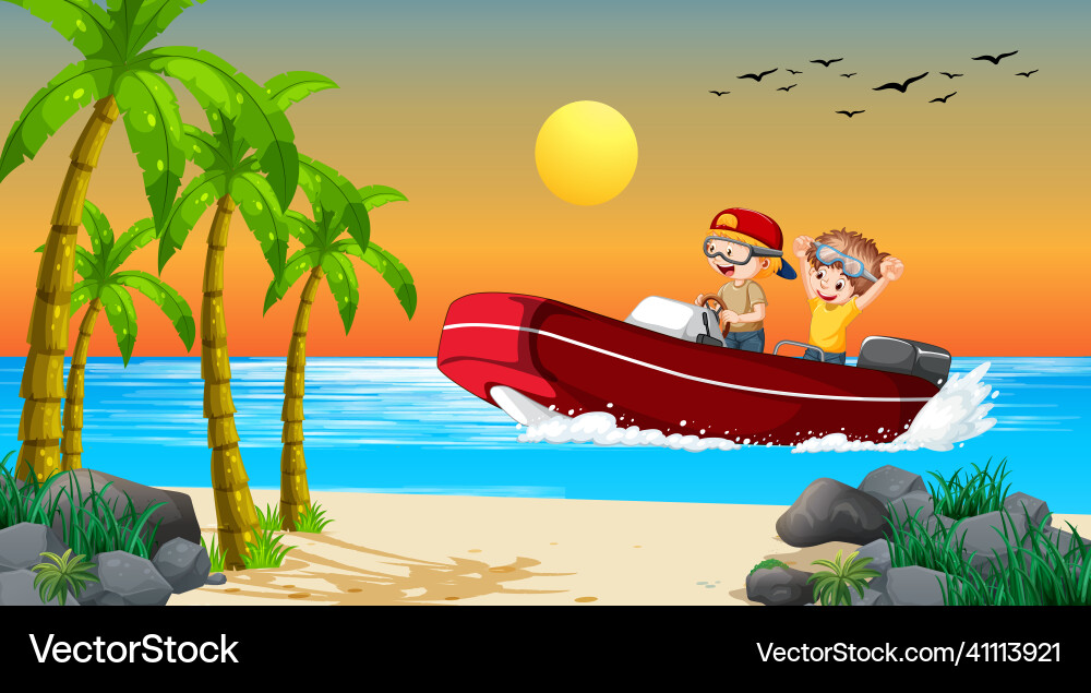Ocean wave scenery with a boy driving boat Vector Image