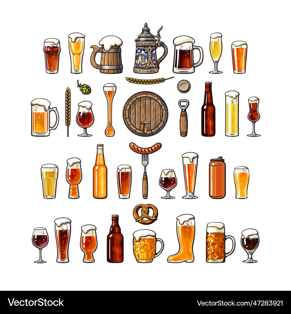 Set of beer objects various types of beer glasses Vector Image