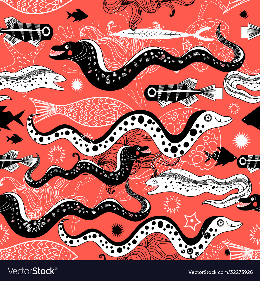Seamless pattern with funny moray eels Royalty Free Vector