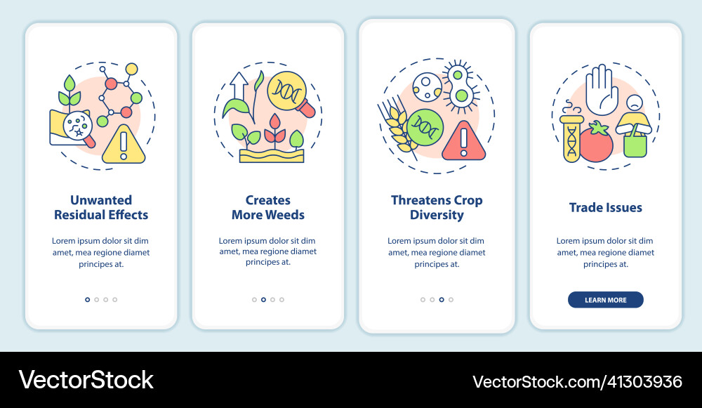 Disadvantages of gmo onboarding mobile app screen Vector Image