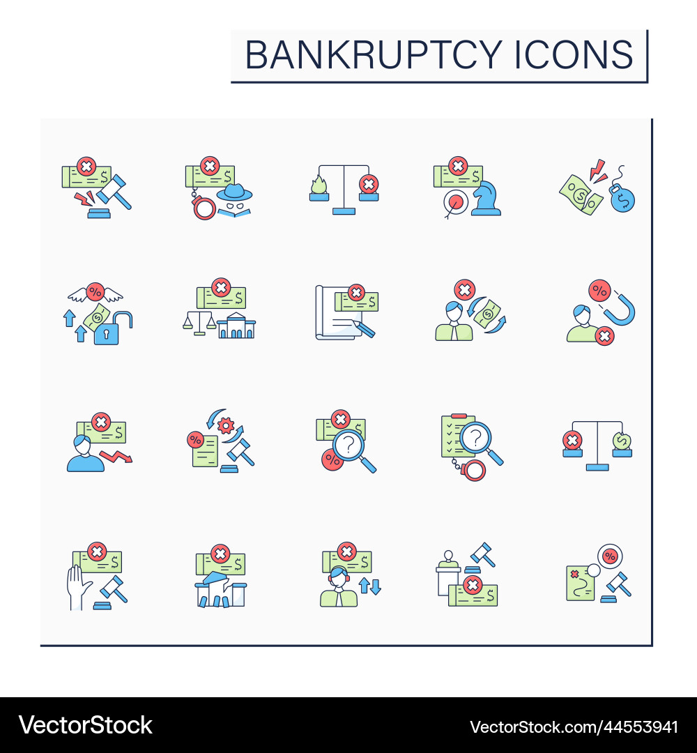 Bankruptcy color icons set Royalty Free Vector Image