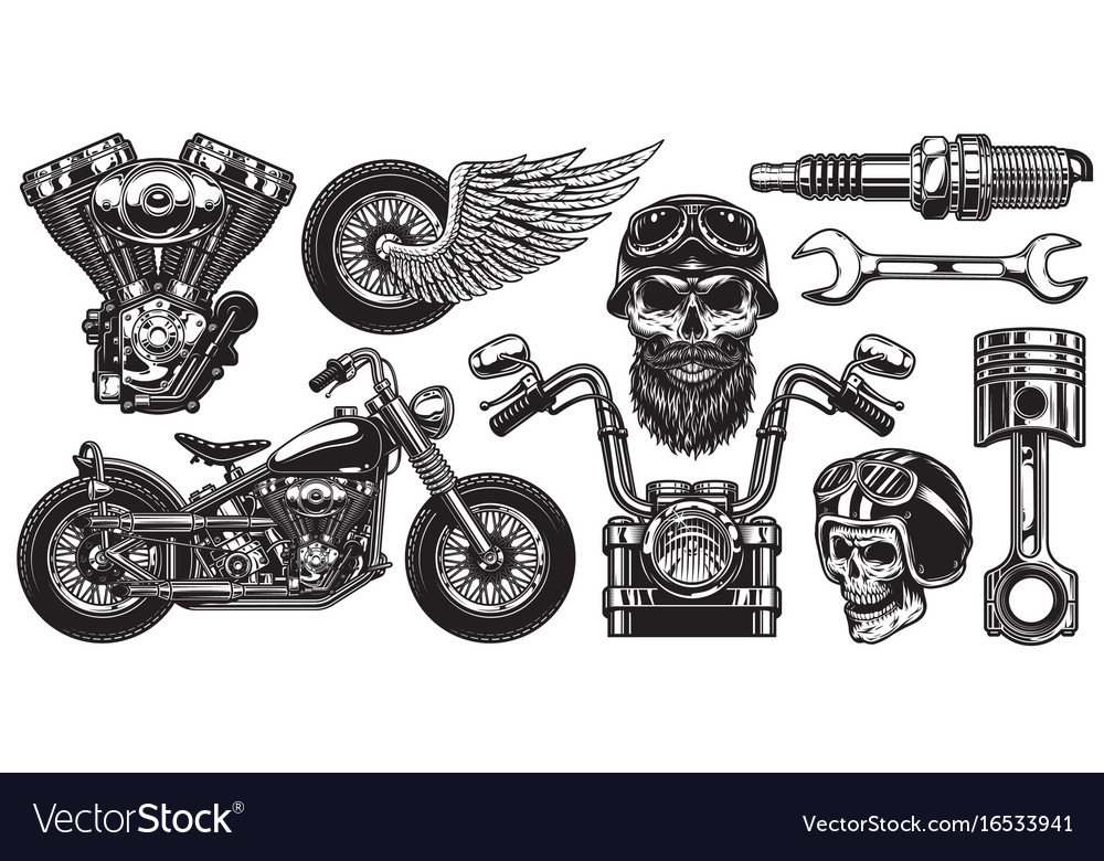 Set monochrome motorcycle elements Royalty Free Vector Image