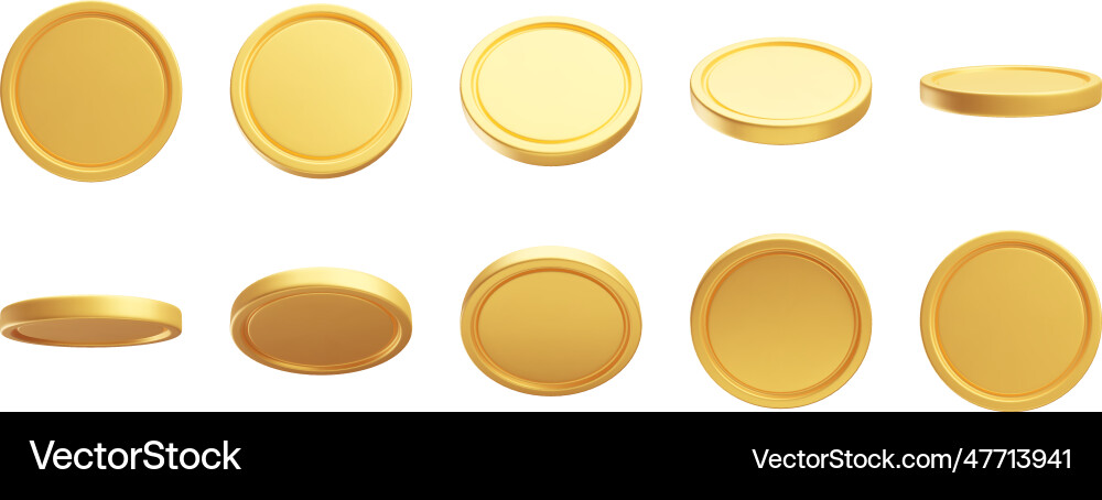 Set of golden coins from different angles 3d Vector Image