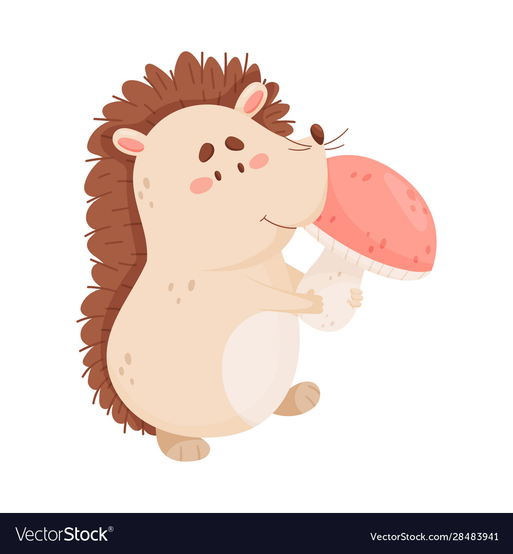 Smiling hedgehog character holding mushroom Vector Image