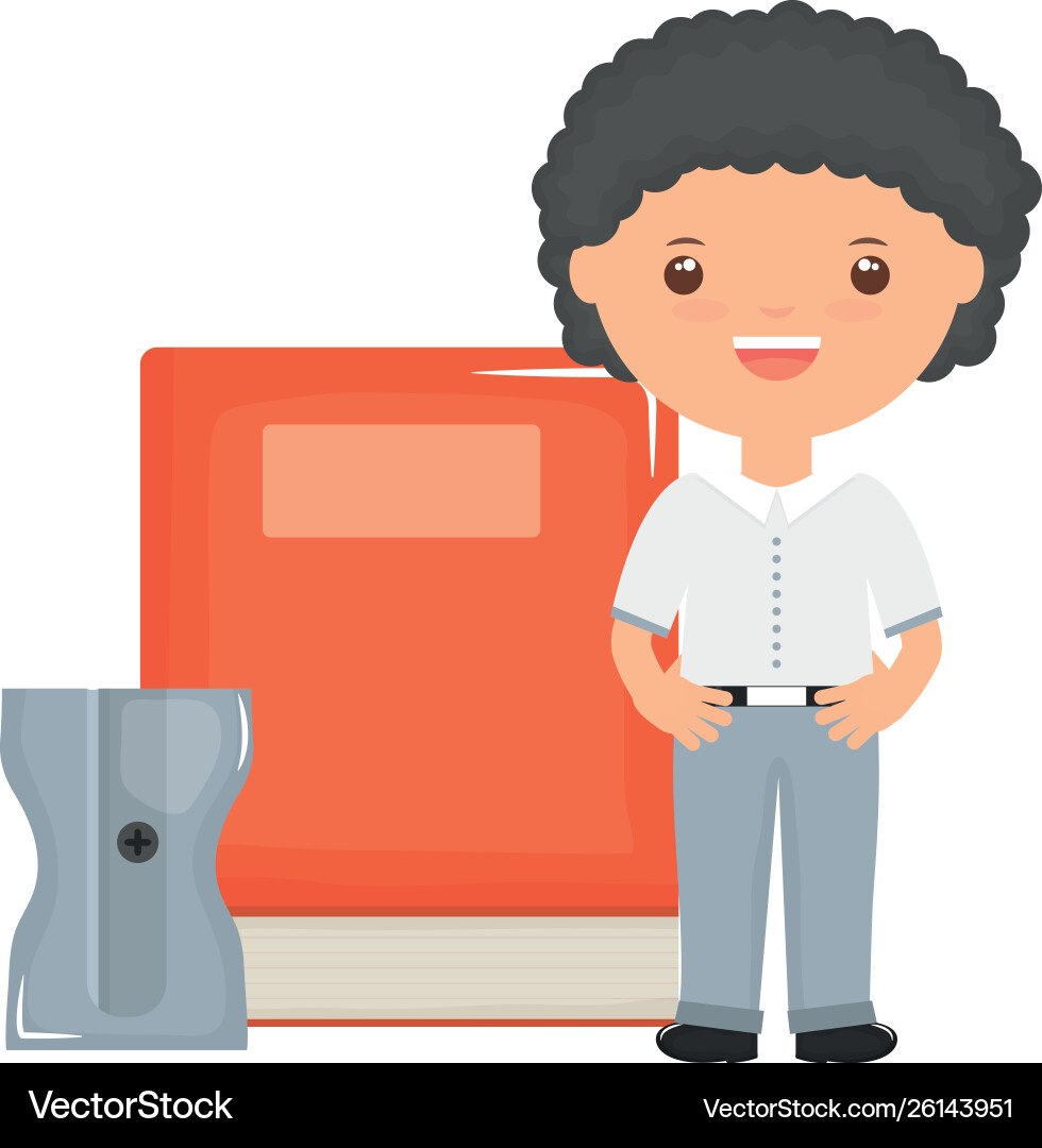 Cute little student boy with book and sharpener Vector Image