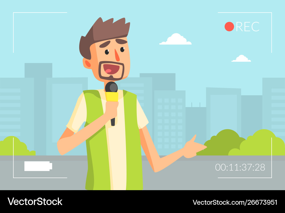 Male reporter doing report with microphone Vector Image