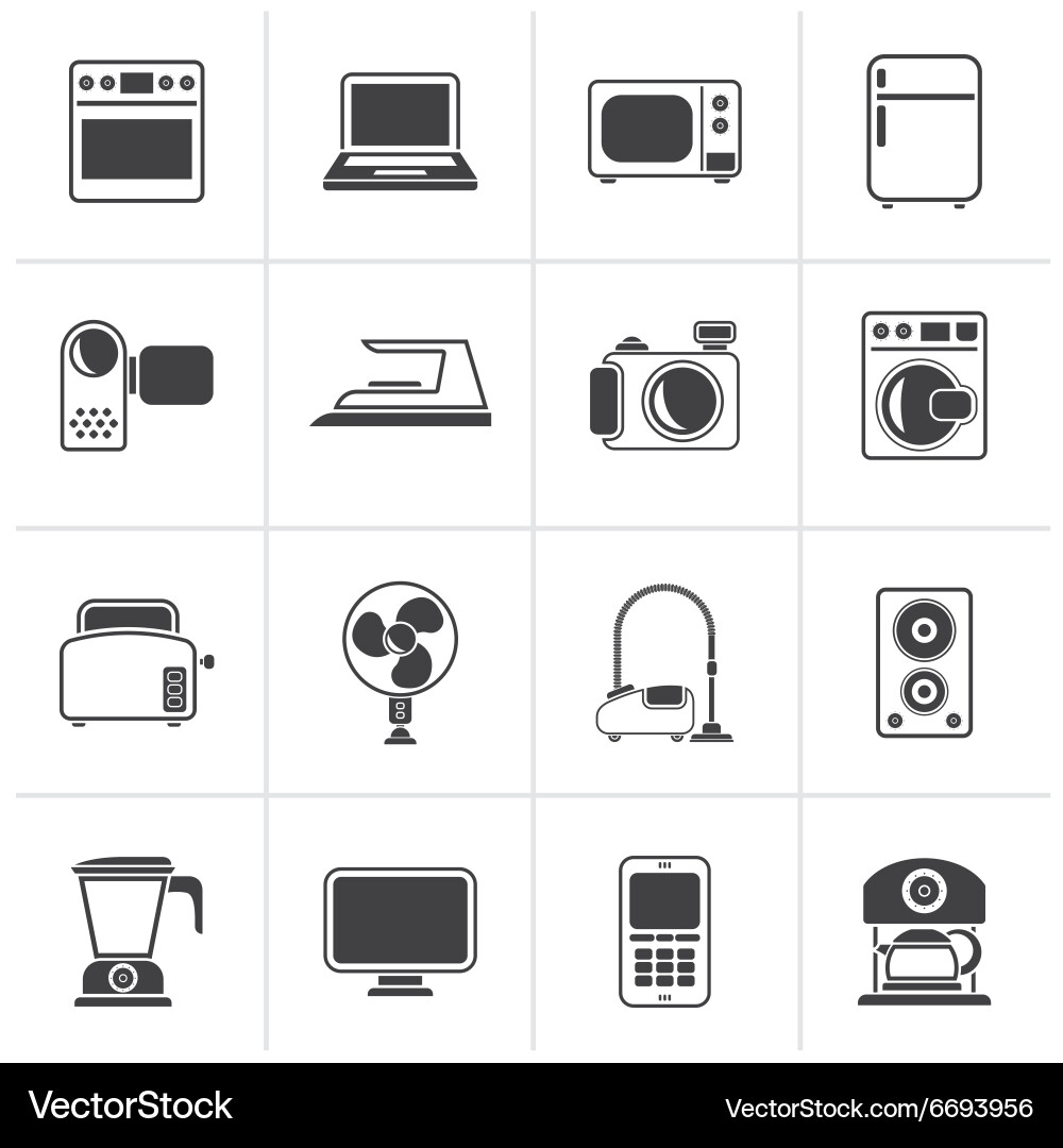 Black household appliances and electronics icons Vector Image