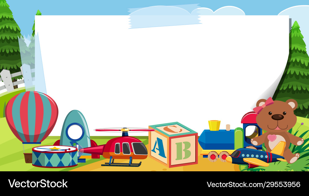 Border template with many toys in park Royalty Free Vector