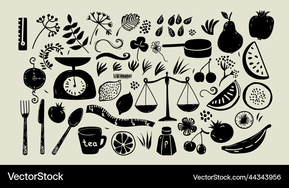 Cooking and kitchen items ink and pen drawing Vector Image