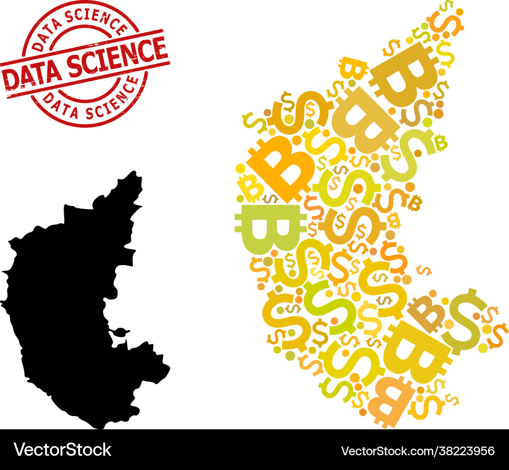 Grunge data science badge with dollar and btc gold