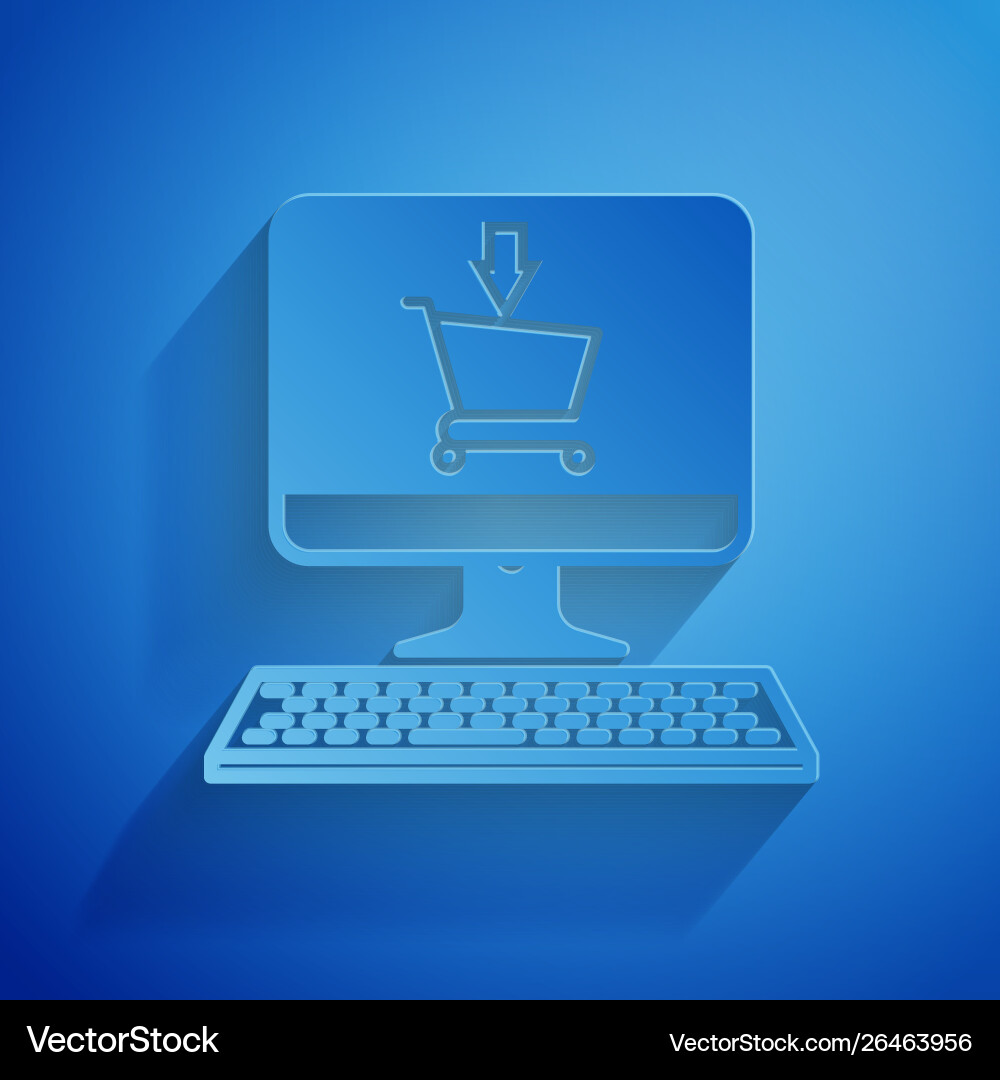Paper cut shopping cart on screen computer icon Vector Image