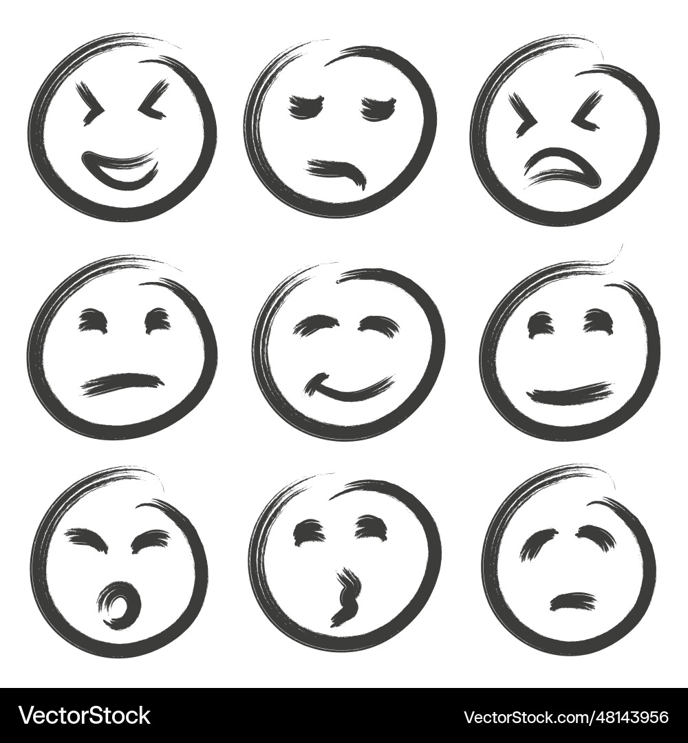 Set of black abstract textured emoticons Vector Image