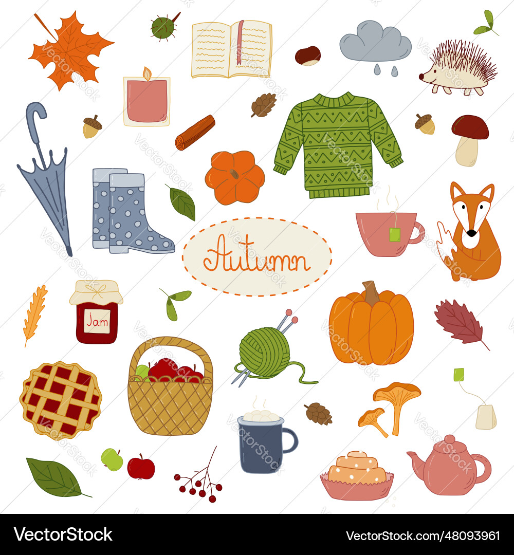 Colourful autumn set in doodle style cozy fall Vector Image