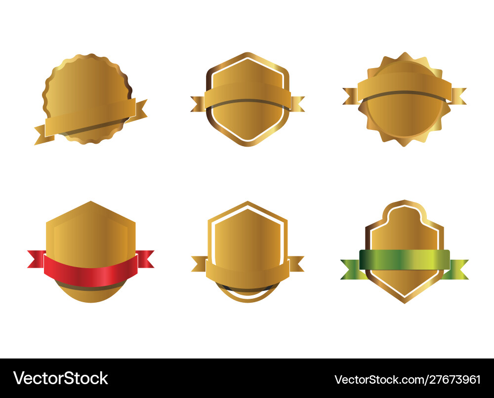 Set golden shields and ribbons graphic Royalty Free Vector