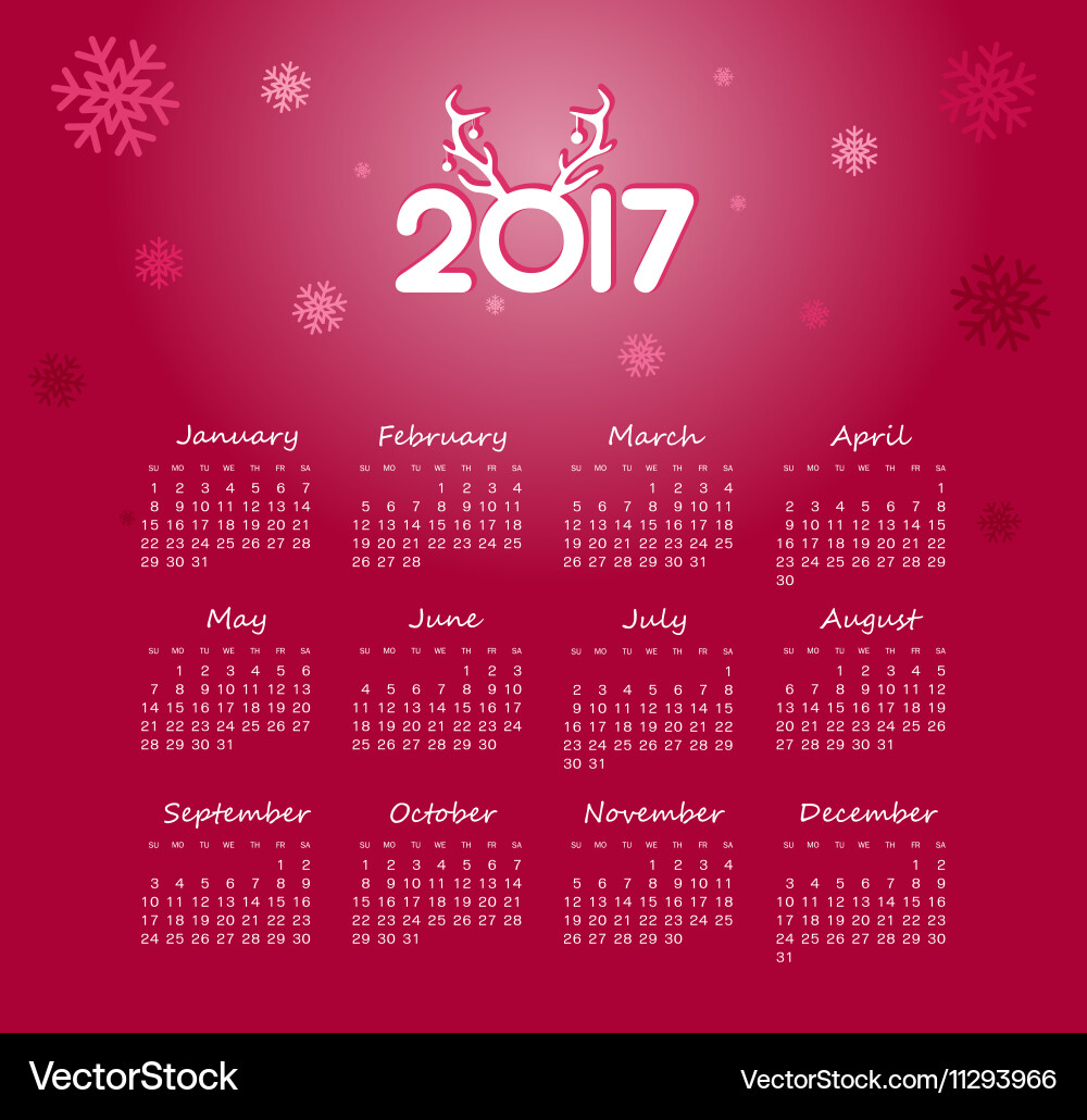 Calendar 2017 year week starts sunday Royalty Free Vector