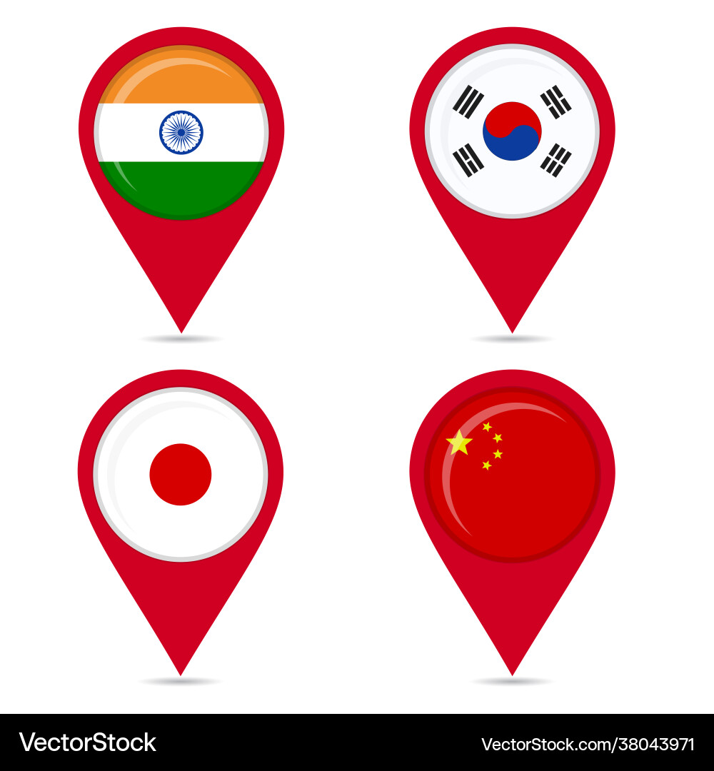 Map pin icons national flags asian countries Vector Image
