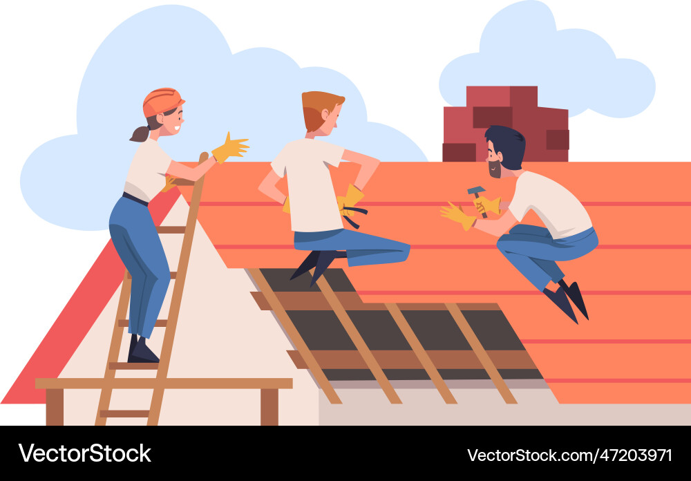 Roof repair with people construction workers Vector Image