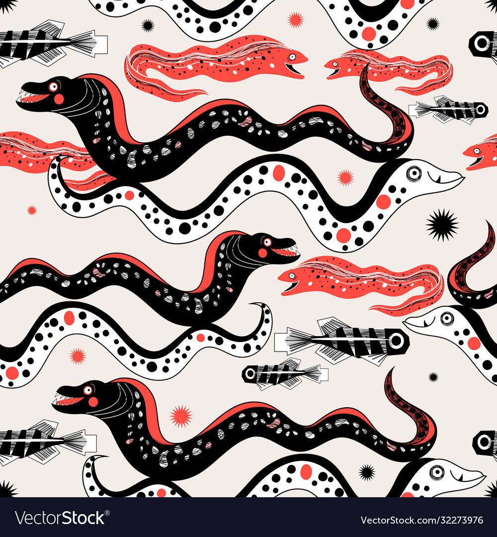 Seamless pattern with funny moray eels Royalty Free Vector
