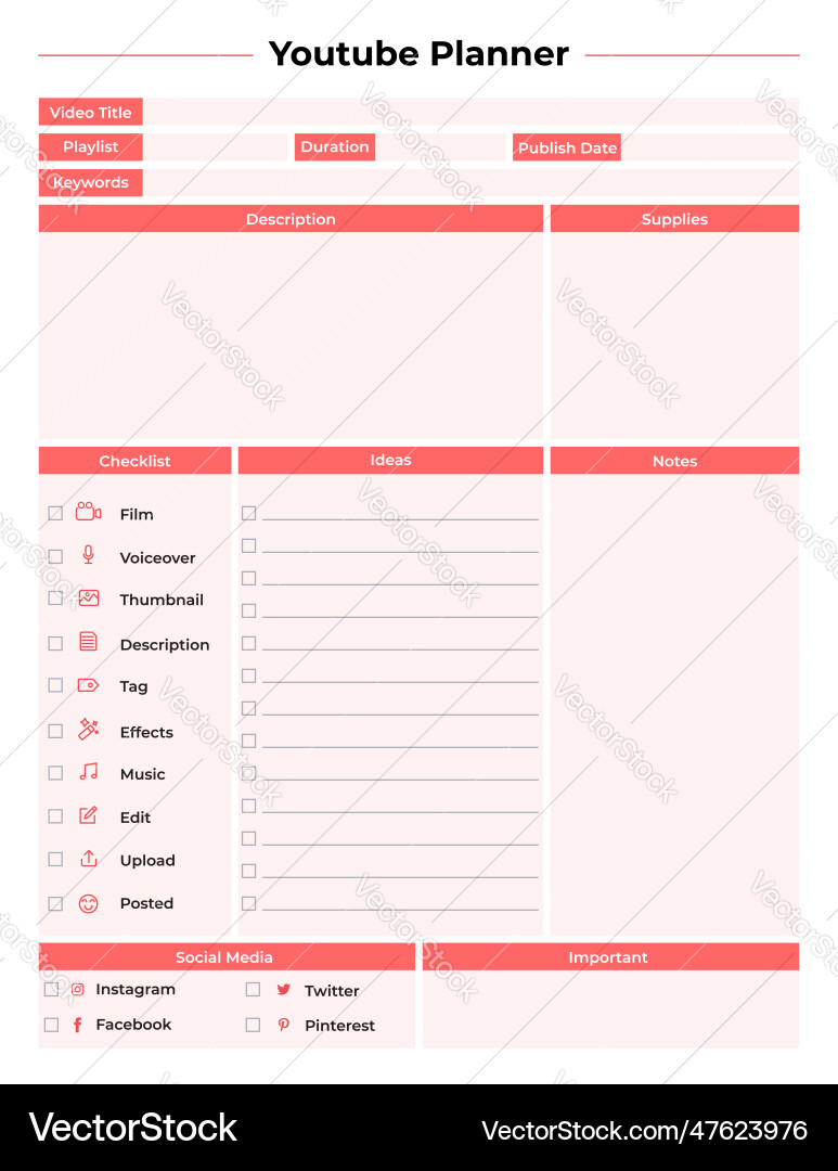 Youtube video tracking planner Royalty Free Vector Image