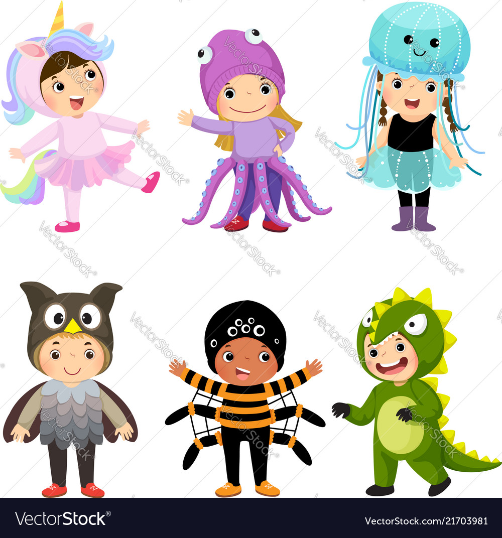 Cartoon cute kids in animal costumes set Vector Image
