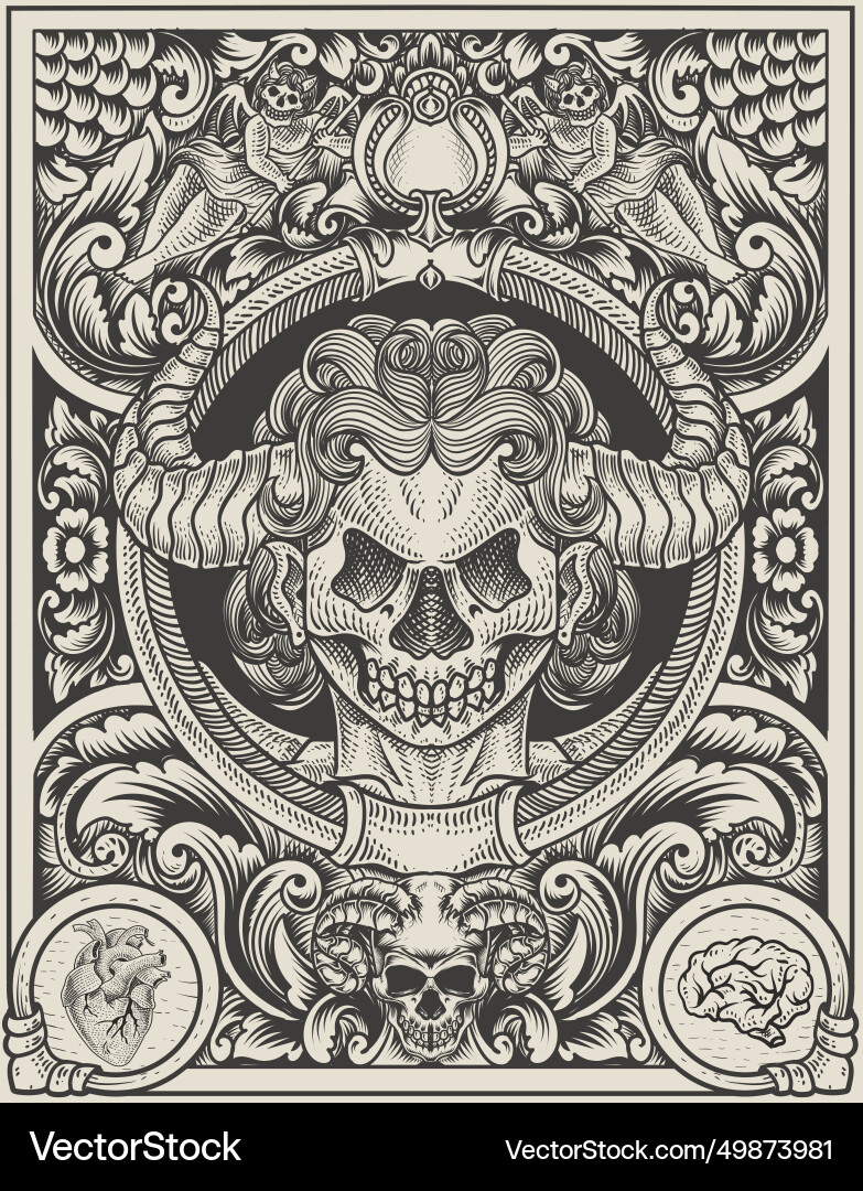 Demonic angel skull with engraving ornament frame Vector Image