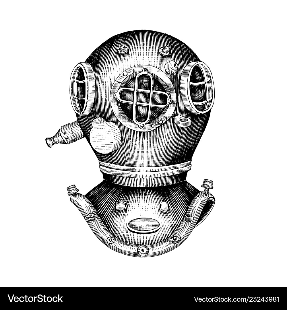 Diving helmet hand drawing vintage style Vector Image