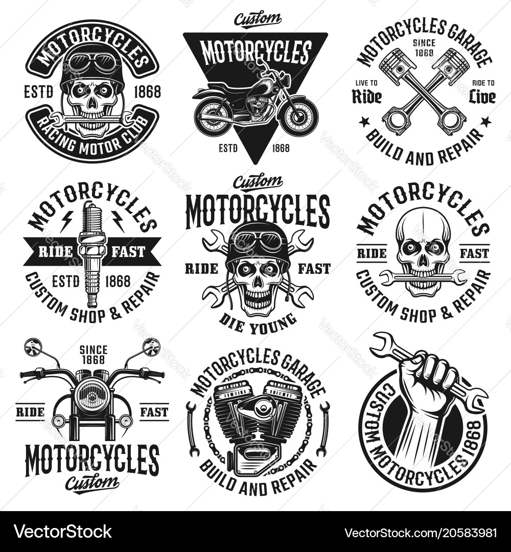 Motorcycles set of nine vintage emblems Royalty Free Vector