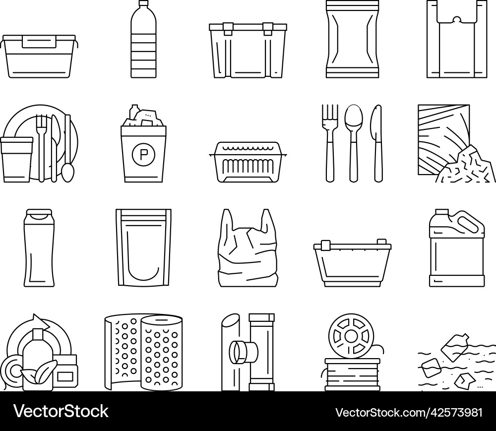 Plastic accessories and utensil icons set Vector Image
