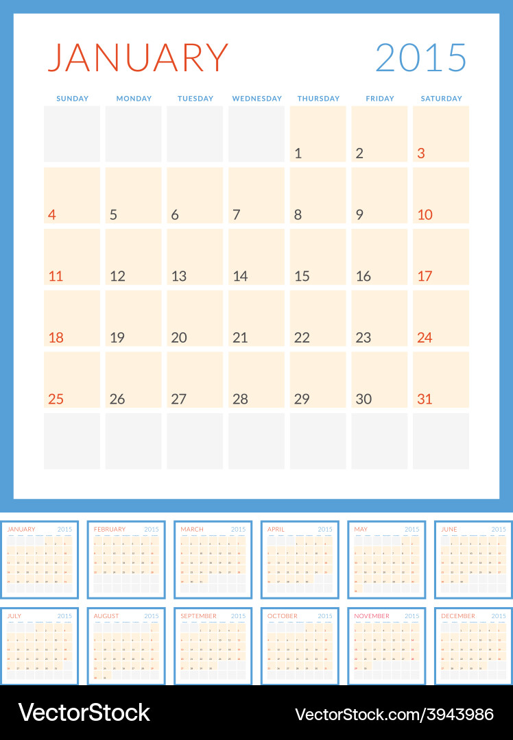 Calendar 2015 flat design template Set of 12 Vector Image