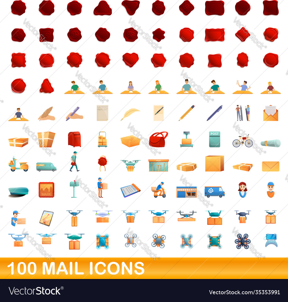 100 mail icons set cartoon style Royalty Free Vector Image
