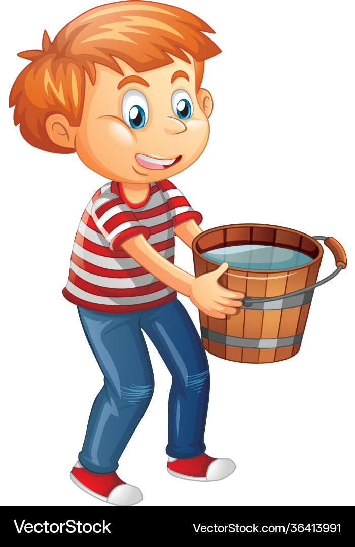 A boy holding bucket full water on white Vector Image