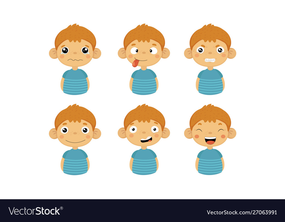 Cute boy facial emotions set kids face Royalty Free Vector