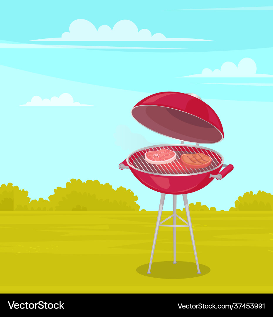Round barbecue on stand with red bottom and lid Vector Image