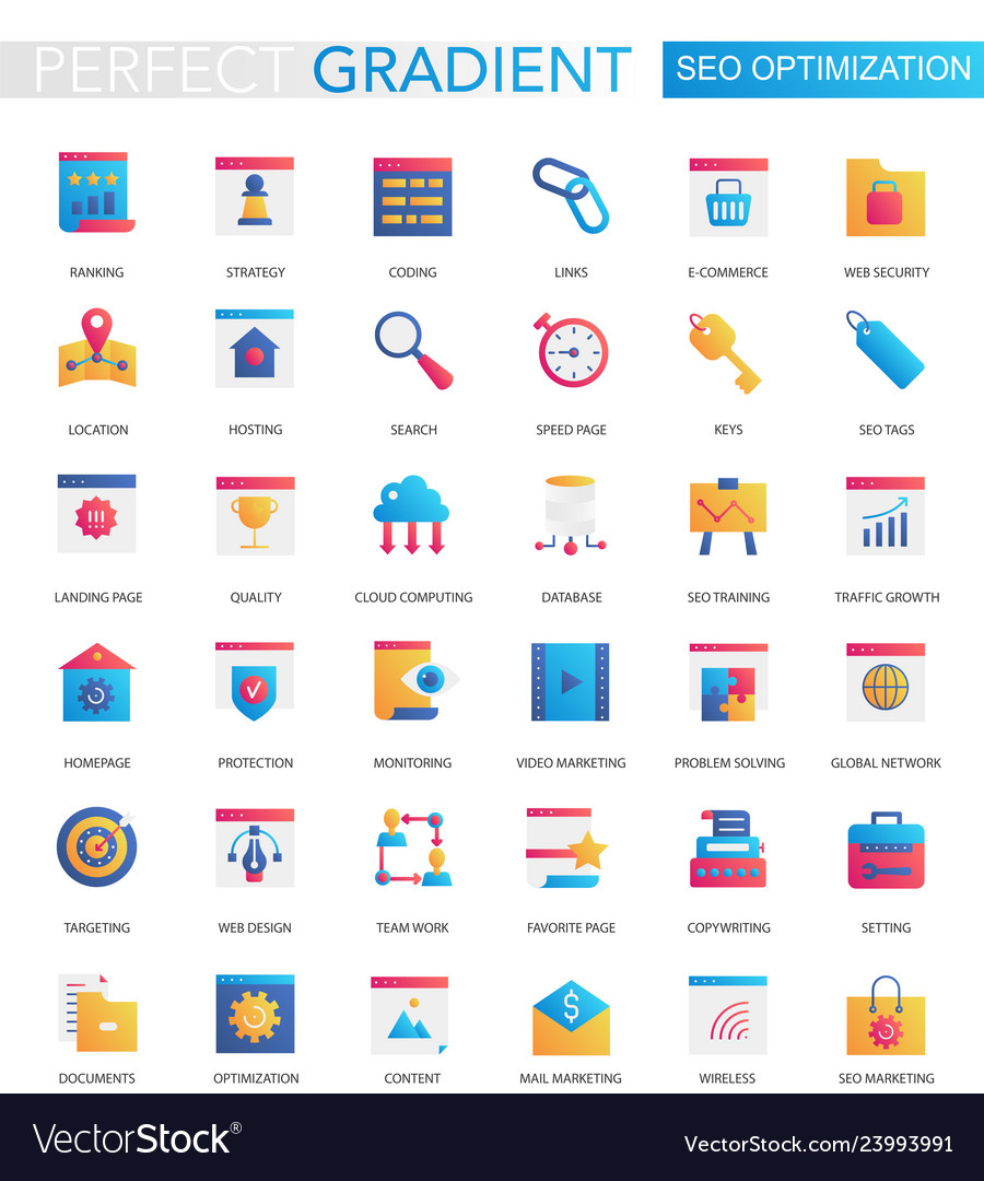 Set trendy flat gradient seo Royalty Free Vector Image Set trendy flat gradient seo Royalty Free Vector Image