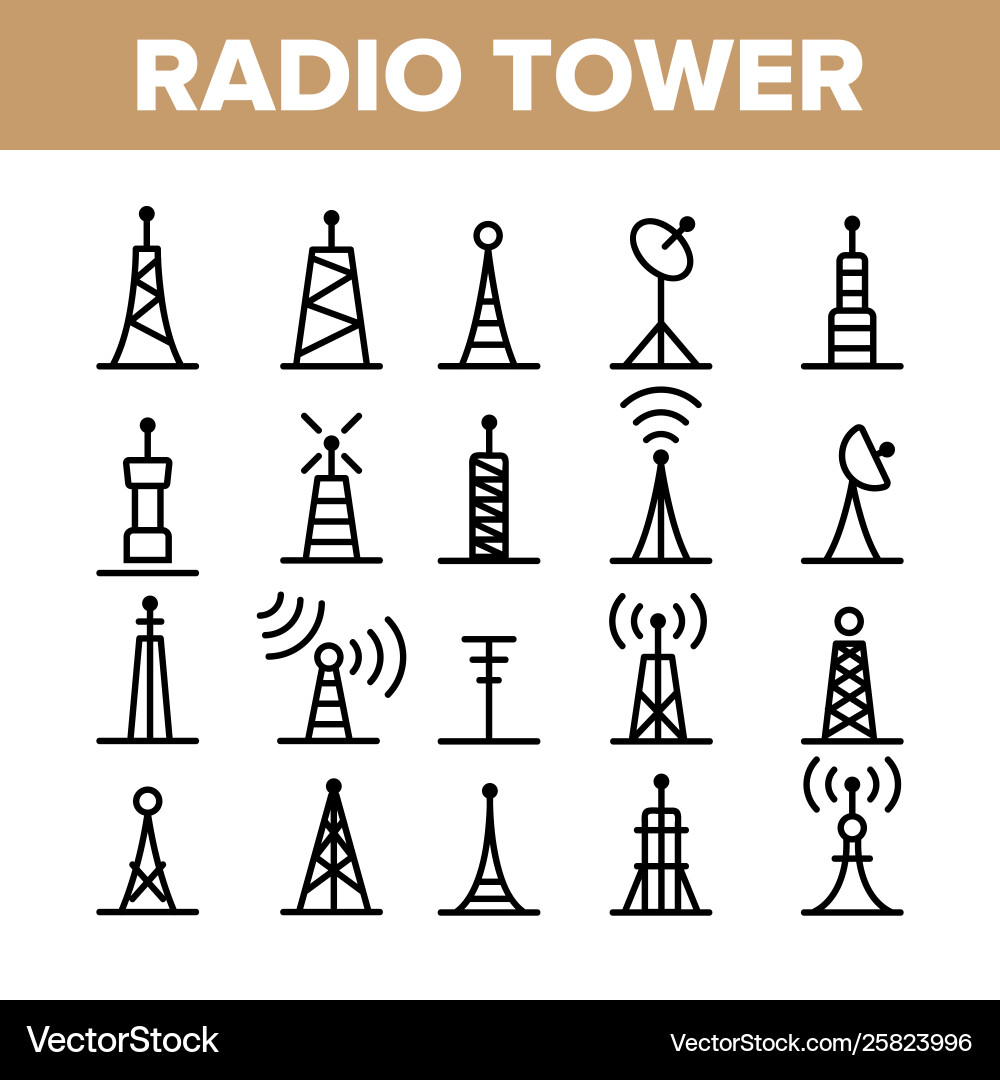 Radio towers and masts linear icons set Royalty Free Vector