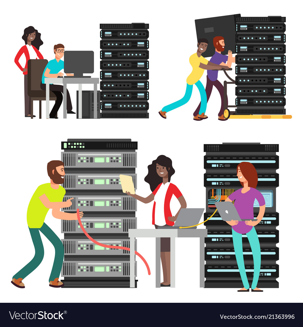 Team computer engineers working in server room Vector Image