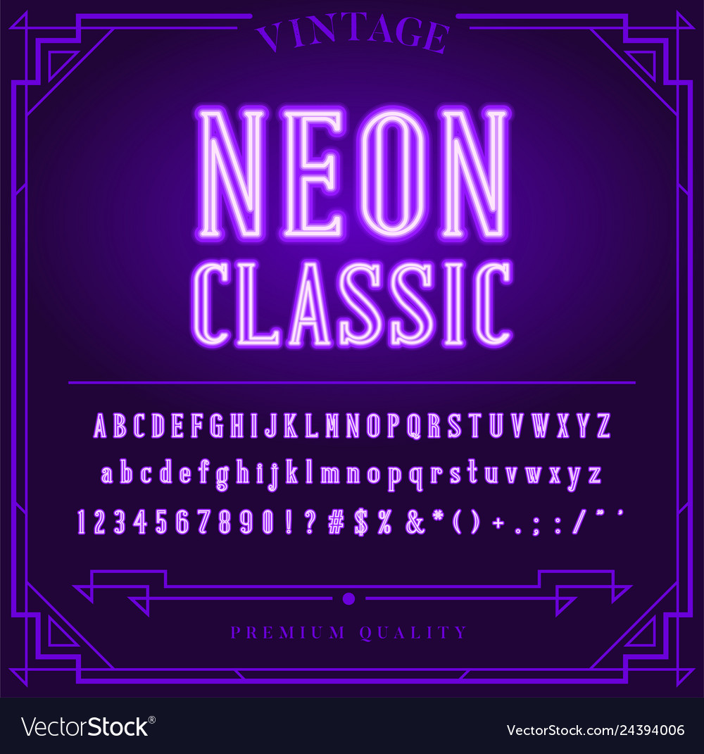 Bright neon alphabet letters numbers and symbols Vector Image