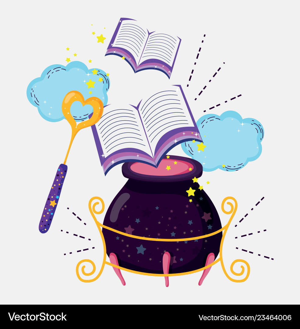 Magic wand with books and couldron mysterious Vector Image