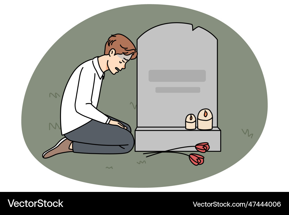 Sad crying man on grave at cemetery Royalty Free Vector