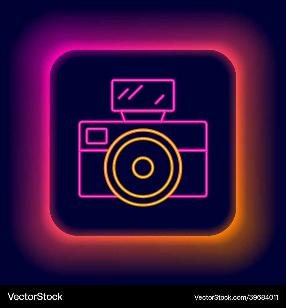 Glowing neon line photo camera with lighting flash