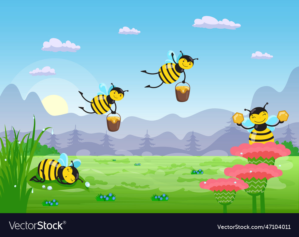 Happy Cartoon Bees In Meadow Landscape Royalty Free Vector