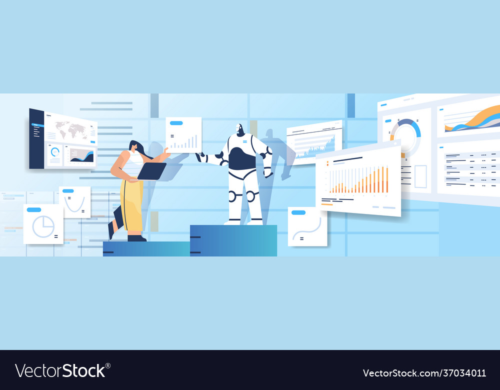 Robot with businesswoman analyzing statistics Vector Image Robot with businesswoman analyzing statistics Vector Image