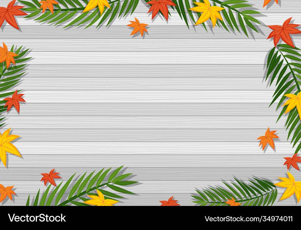 Top view blank wooden table with leaves Royalty Free Vector