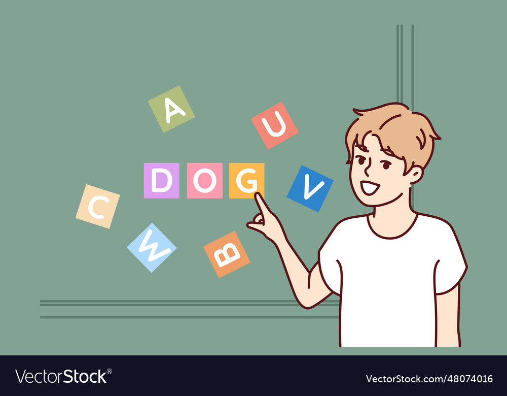 Child is studying letters from alphabet to learn Vector Image