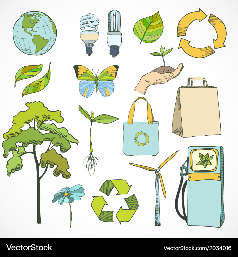 Doodles ecology and environment icons set Vector Image