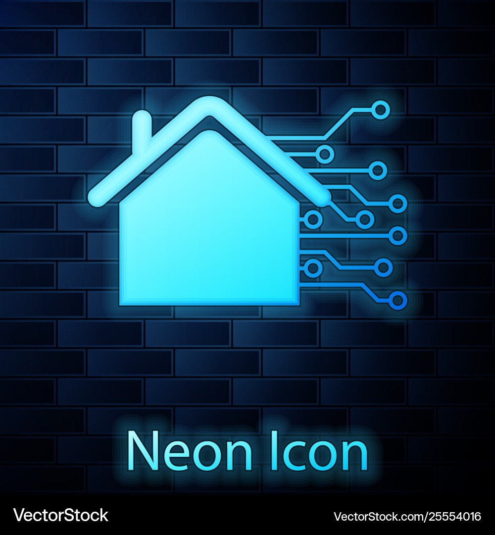 Glowing neon smart home icon isolated on brick Vector Image