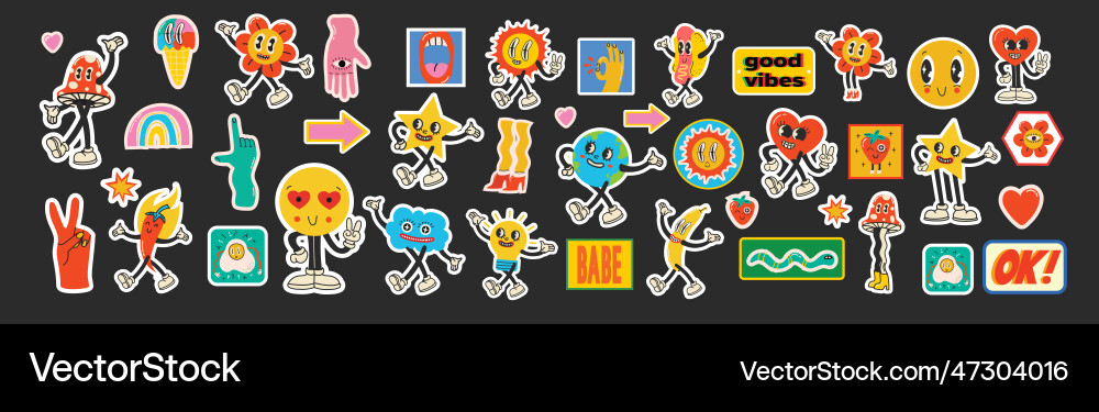 Retro cartoon stickers with funny comic characters