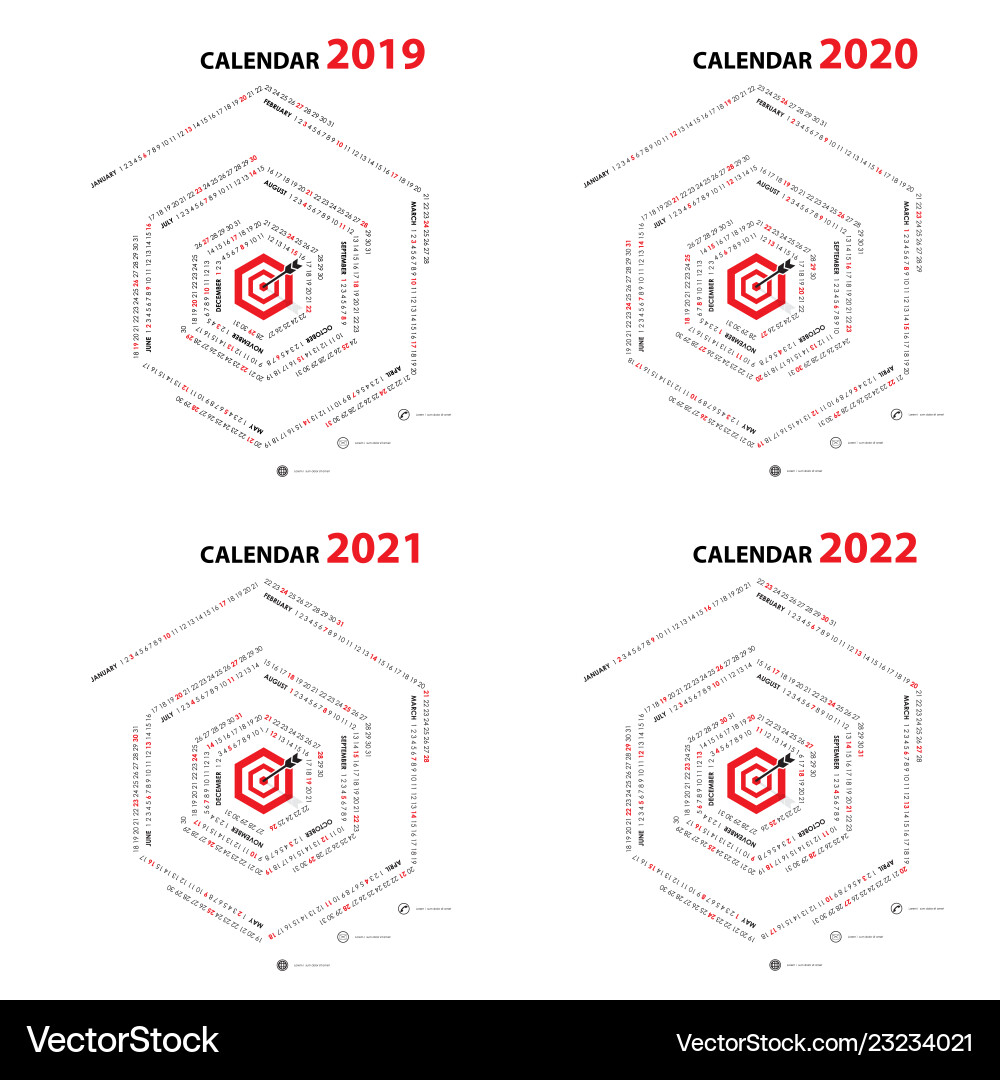 Calendar 2019 2020 2021 and 2022 Royalty Free Vector Image
