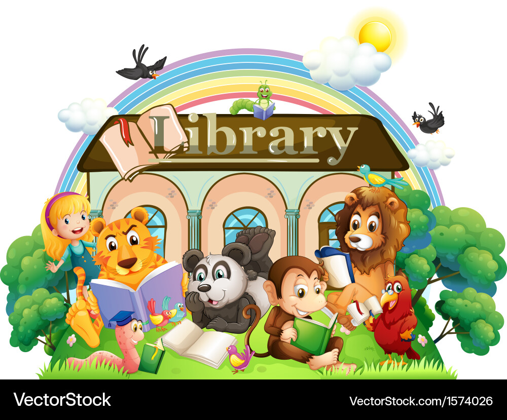 Animals reading in front of the library Royalty Free Vector